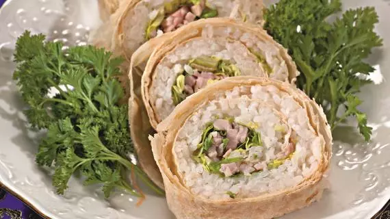 Roll from thin pita with fragrant rice and ham, step-by-step recipe with photos