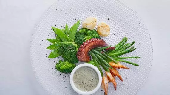 Warm seafood salad with green vegetables and truffle sauce, step-by-step recipe with photos