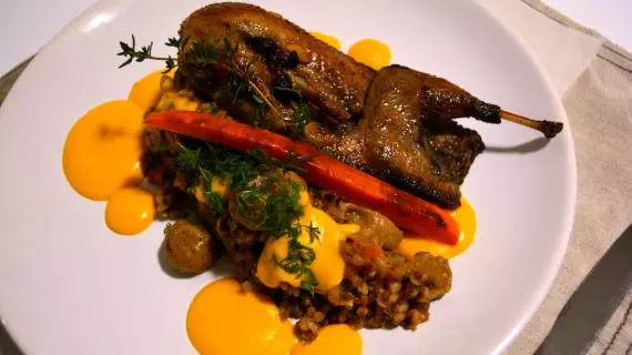 Wild duck with rhizoted groats and carrot and orange sauce, step-by-step recipe with photos