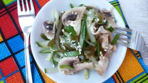 Marinated vegetables with champignons and sea cabbage, step-by-step recipe with photos