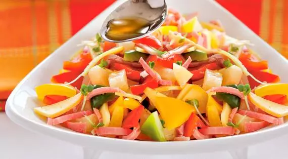 Three pepper salad with ham and cheese, step-by-step recipe with photos