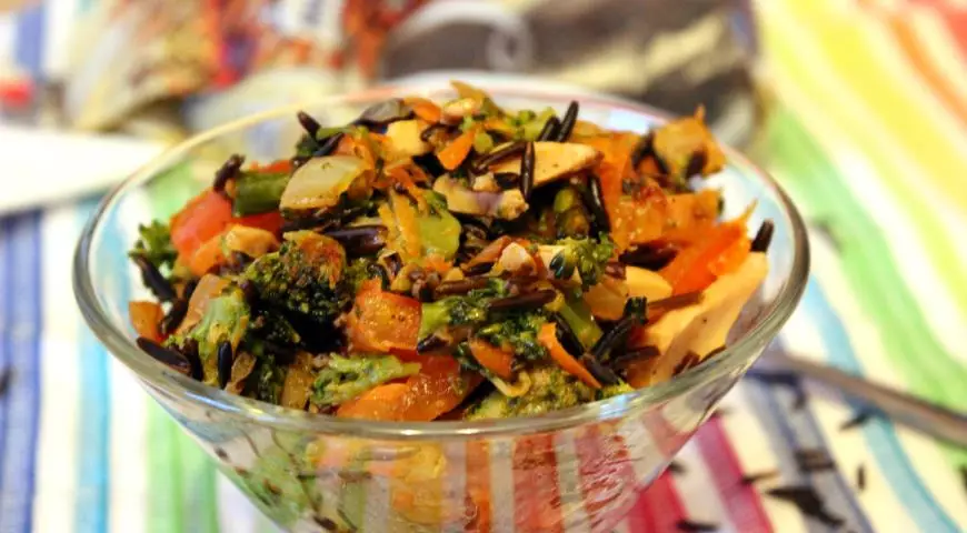 Warm vegetable salad with wild rice and champignons, step-by-step recipe with photos