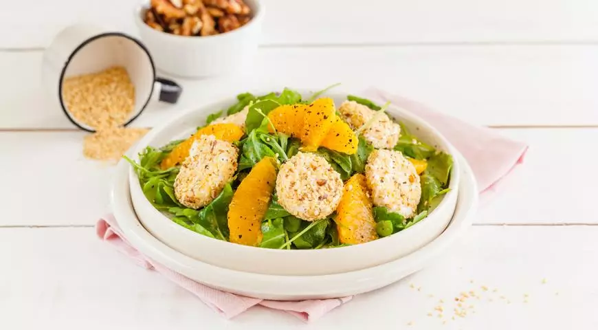 Arugula salat með geitum osti og vanilluolíu, skref fyrir skref uppskrift með myndum