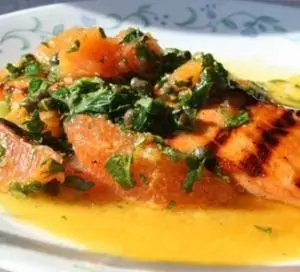 Salmon - Grill na may Citrus Salsa Verde, hakbang-hakbang na recipe na may mga larawan