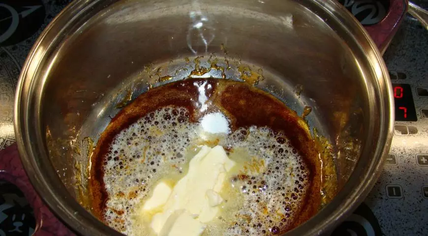 After dissolving sugar add butter and salt into the sauce