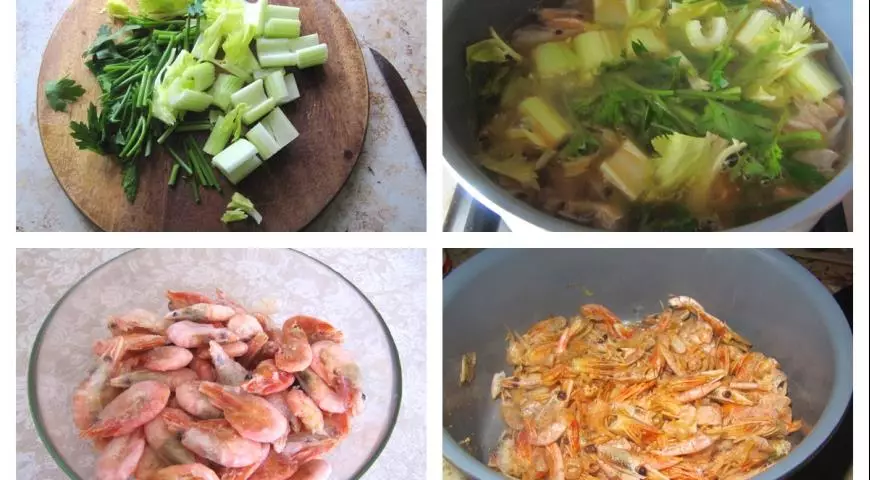 Selge krevetid ja kokk puljong köögiviljadest ja kestadest