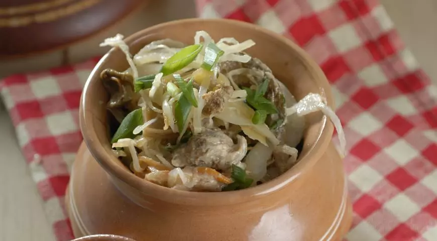 Stewed kool mei fleis en champignons