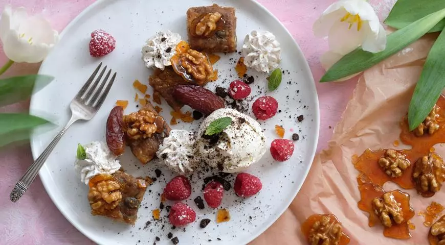 Walnut sweets with dates, walnuts in caramel and hazelnuts