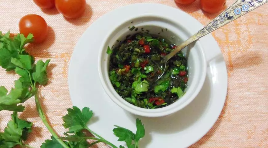 Stock Foto Rețetă de gătit: somon copt sub salsa de ceapă verde, numărul numărul 5