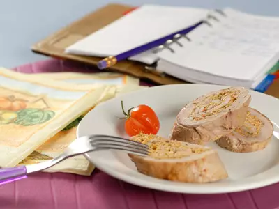 Lunches at Work - Recipes Pork Rolls with Pumpkin, Potan Potan, Paste with Sauce Pumpkin, Fillet Salmon