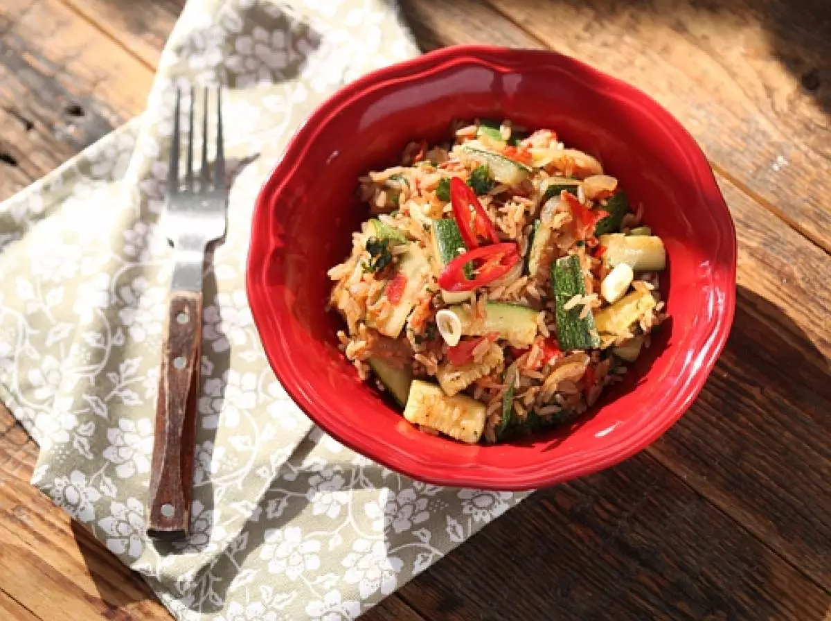 Calabacín con arroz e verduras