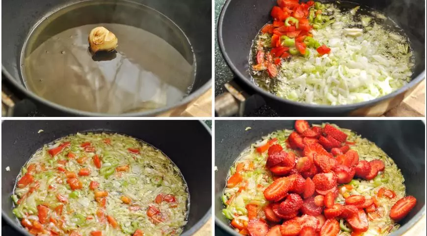 Ata ilẹ Fry, alubosa ati ata, lẹhinna ṣafikun awọn strawberries