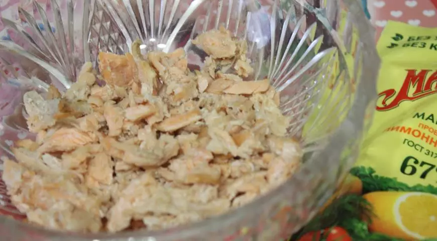 Op de bodem van de Saladka legt stukken gekookte zalm uit