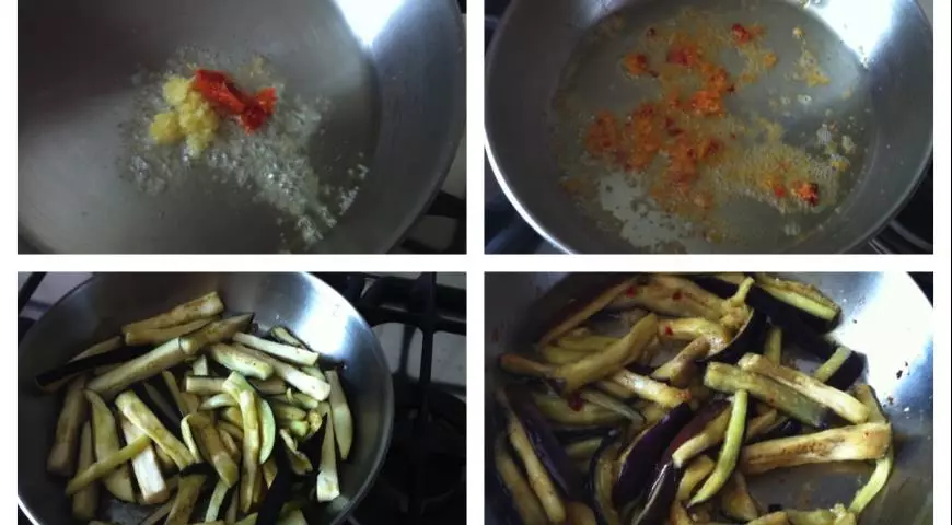 Fry eggplant e nang le tlatsetso ea Garlight Peas le Ginger