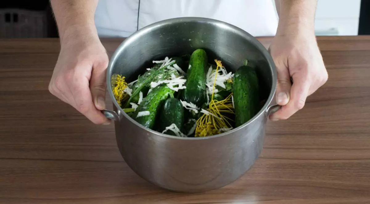 Краставици солени на ладен начин, лежат краставици и зеленчук во тенџере